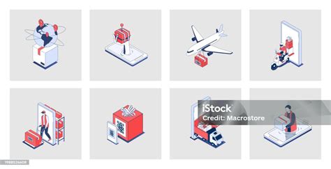웹용 3d 아이소메트리 디자인에서 아이소메트릭 아이콘의 전달 개념 글로벌 물류 트럭 운송 및 항공 운송 택배로 소포 보내기 창고 보관 후 벡터 일러스트 레이 션 3차원