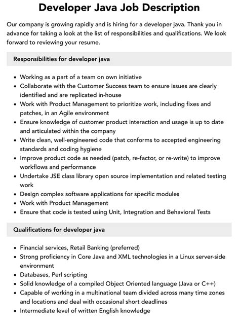 Developer Java Job Description Velvet Jobs
