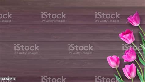 현실적인 벡터 화려한 핑크 튤립 나무 배경에 판자에서 설정합니다 추적 하지입니다 핑크 튤립 발렌타인 또는 어머니 날 엽서 사랑 하는 사람에 대 한 사랑으로 T셔츠에 인쇄 된