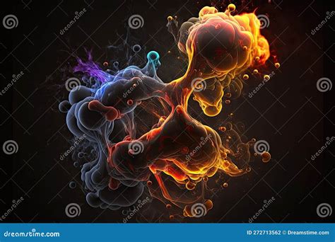 Abstract Chemical Reaction And Fire Burning On Black Background Digital Illustration Stock