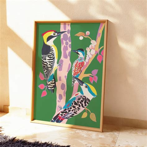 Woodpecker Art Print Colorful Bird Wall Decor Mid Century Modern
