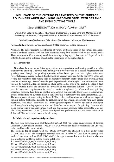 Pdf Influence Of The Cutting Parameters On The Surface Roughness When Machining Hardened Steel