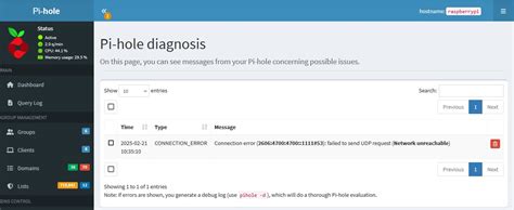 what is this diagnosis connection error help pi hole userspace