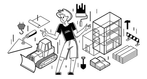 건물 건축 디자이너 벡터 개요 트렌디한 그림 초안 프로젝트를 진행하는 건설 엔지니어 진행 중인 새 집에 대한 건축 계획 3차원 형태에 대한 스톡 벡터 아트 및 기타 이미지