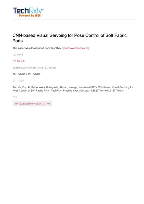 Pdf Cnn Based Visual Servoing For Pose Control Of Soft Fabric Parts