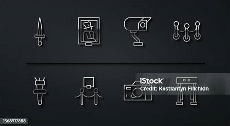 세트 라인 단검 횃불 불꽃 로프 장벽 사진 카메라 사진 및 로프 박물관의 초상화 금속 탐지기 및 보안 아이콘 벡터 감지기에 대한