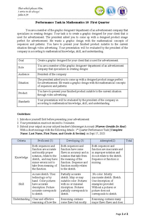 Mathematics Performance Task Performance Task In Mathematics 10 First Quarter You Are A Member