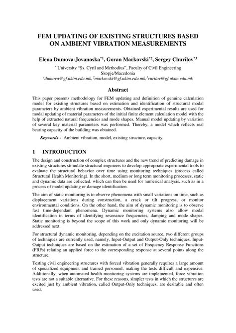 Pdf Fem Updating Of Existing Structures Based On Ambient Vibration