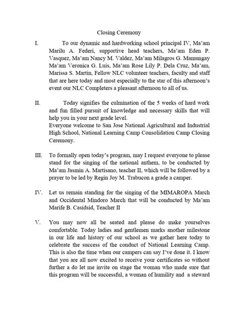 Closing Ceremony Script Pdf