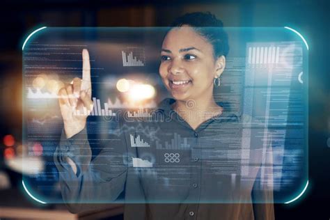 Hologram Dashboard Data Or Woman Touch Fintech Insight Hud Business Administration Statistics