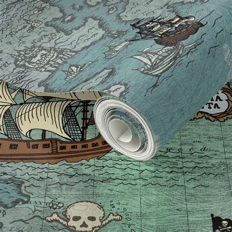 Pirate Wallpaper Pirate Ships Map Blue Big Repeat By Teja Jamilla