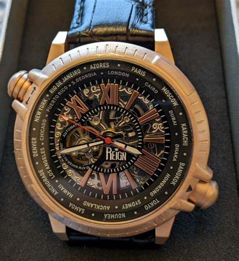Reign Mens Thanos Watch Black Dialrose Gold Bezel Black Leather
