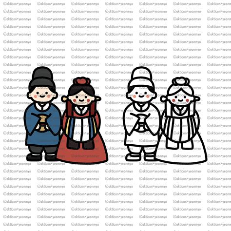 오케이티콘 전통혼례 신랑 신부 신혼부부 결혼 웨딩 아이콘 개별 컬러라인