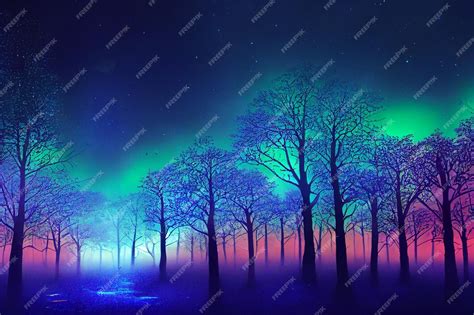 네온 숲의 판타지 동화 같은 2d 그림 빛나는 화려한 모습 프리미엄 사진