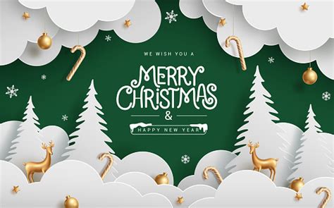 메리 크리스마스 인사말 카드 벡터 디자인 크리스마스 종이 컷 구름 소나무와 전나무 나무 와 함께 녹색 템플릿에 매달려 골드 장식 요소 계절에 대한 스톡 벡터 아트 및 기타
