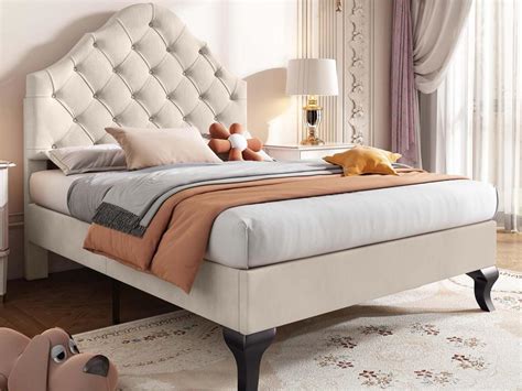 Gestoffeerd Bed 90x200cm In Fluweel Met Verstelbaar Hoofdeinde Lattenbodem Beige