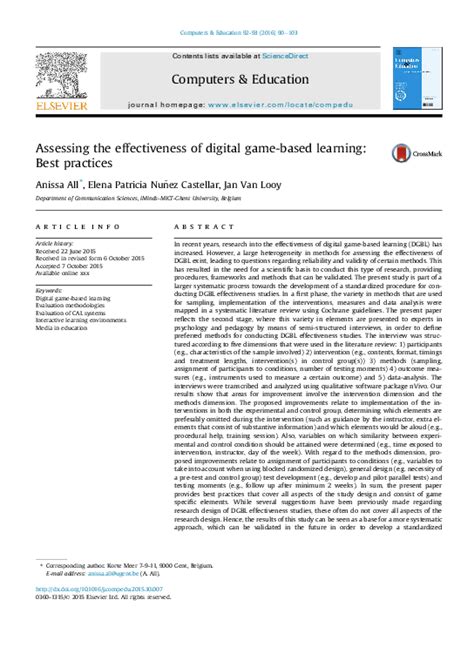 Pdf Assessing The Effectiveness Of Digital Game Based Learning Best Practices