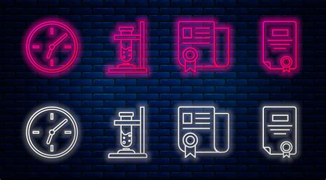 설정 라인 유리 테스트 튜브 플라스크 화재 인증서 템플릿 시계 및 인증서 템플릿 벽돌 벽에 빛나는 네온 아이콘입니다 벡터 0명에 대한 스톡 벡터 아트 및 기타 이미지