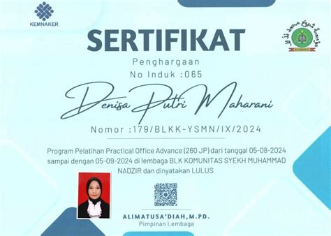 Denisa Putri Maharani On Linkedin Sertifikat Balai Latihan Kerja Blk