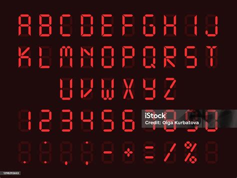 디지털 디스플레이 글꼴입니다 검은 배경 전자 시계 또는 네온 서체 컬렉션에 고립 된 빨간색 조명 문자 숫자 및 표지판 빛나는 영어 알파벳 벡터 Abc 세트 계산기에 대한