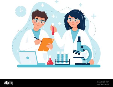Scientist At Work Characters Conducting Experiments In Lab Vector Illustration In Flat Style