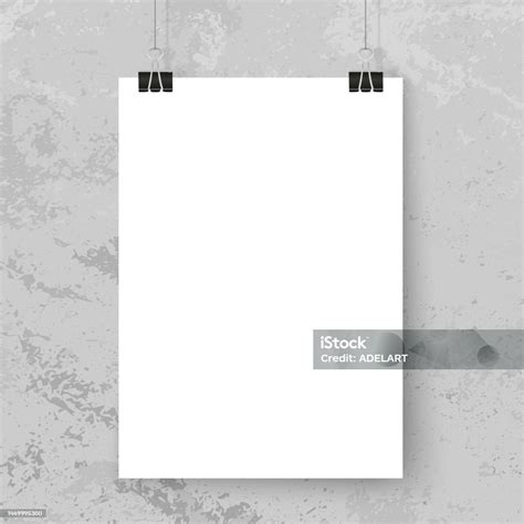 바인더 클립의 포스터 회색 그런 지 벽에 종이 모형 디자인을위한 현대적인 빈 템플릿 그림 포스터 또는 사진을 인용하는 벡터 모형