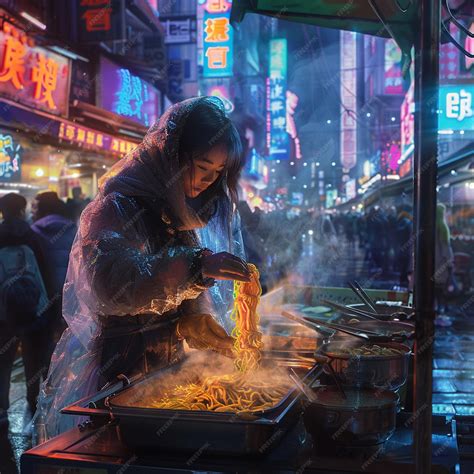 Neon Noodles Female Asian Street Vendor In Cyberpunk Night Market