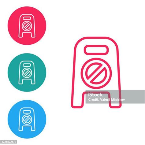 빨간색 선 젖은 바닥과 흰색 배경에 격리 진행 아이콘청소 청소 서비스 개념입니다 원 버튼으로 아이콘을 설정합니다 벡터 일러스트레이션 라인아트에 대한 스톡 벡터 아트 및 기타