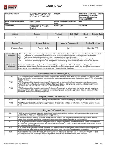 Lectureplan Bi519 22csh 101 Pdf C Programming Language Engineering