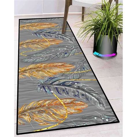 Tapis Couloir Beige Gris Plumes Lavable Antiderapant Long Moderne