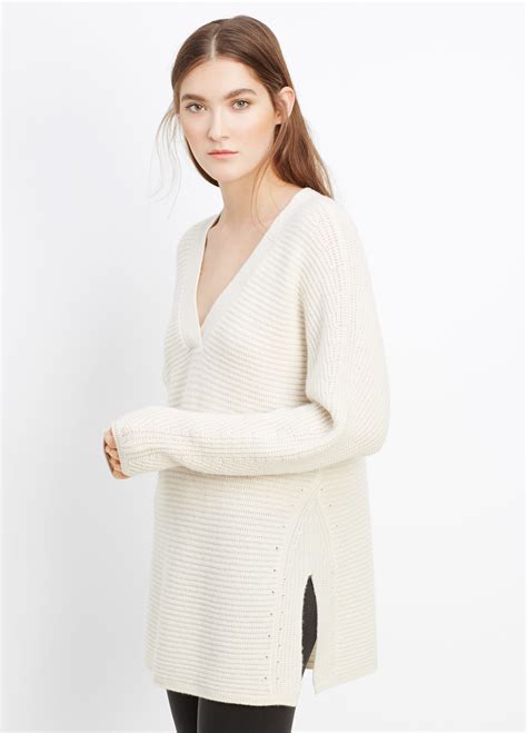 Vince Wool Cashmere Traveling Rib Double V Neck Sweater In White Lyst
