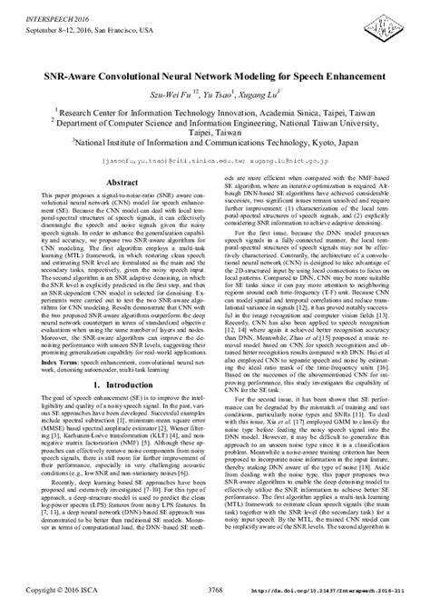 Pdf Snr Aware Convolutional Neural Network Modeling For Speech Enhancement