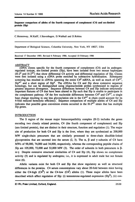 Pdf Sequence Comparison Of Alleles Of The Fourth Component Of