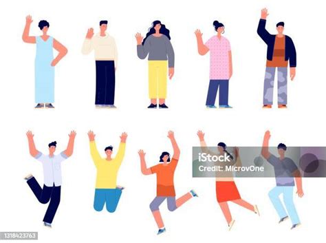 현대 행복 한 사람들 문자 만화 여성 젊은 행복한 여자 남자 인사말 고립 된 웃는 사업 성인 점프 사람 완전 벡터 세트 등장