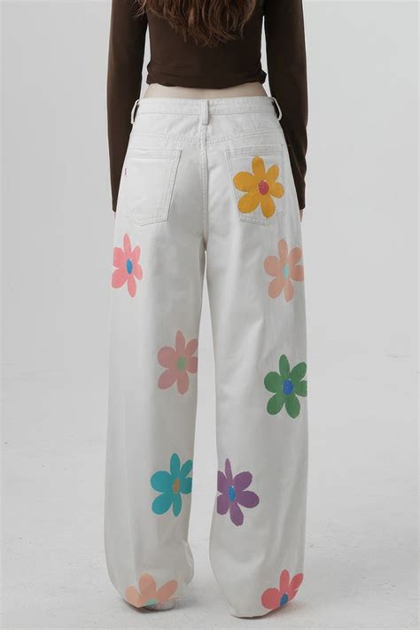 High Waisted Jeans With Flowers White Jeans à Fleurs Vêtements