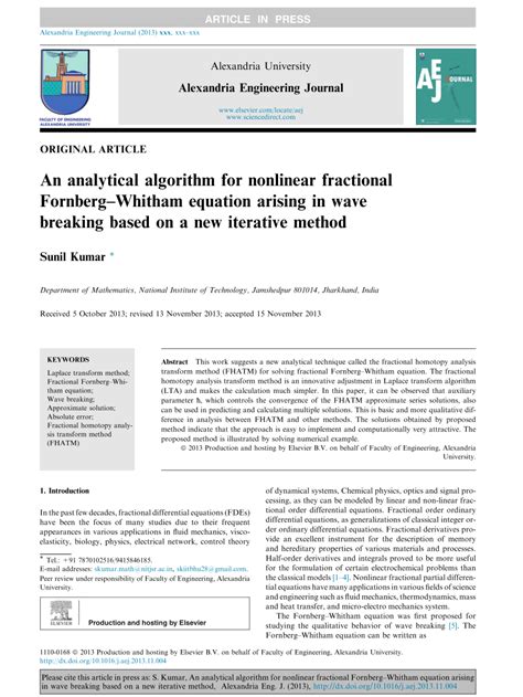 Pdf An Analytical Algorithm For Nonlinear Fractional Fornbergwhitham Equation Arising In Wave