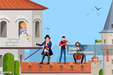 음악 스타일 뮤지션과 남자 소녀 벡터 일러스트에 대한 세레나데를 노래 클래식 오래된 구성 여자 친구를위한 음악을 재생 세레나데에 대한 스톡 벡터 아트 및 기타 이미지