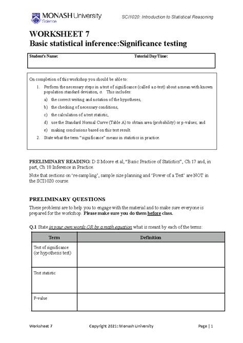 Worksheet 7 Basic Statistical Inference Significance Testing Sci1020 Introduction To