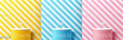 노란색 파란색 및 분홍색 사실적인 3d 실린더 세트는 대각선 흰색 줄무늬 라인 장면으로 연단에 서 있습니다 추상 벡터 렌더링 기하학적 형태입니다 최소한의 장면 무대 쇼케이스