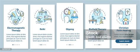 개념과 외부 에너지 의학 온보딩 모바일 앱 페이지 화면 레이키 기공 바이오필드 테라피 5단계 그래픽 지시사항을 연습한다 Rgb 색상 일러스트레이션이 있는 Ui 벡터 템플릿