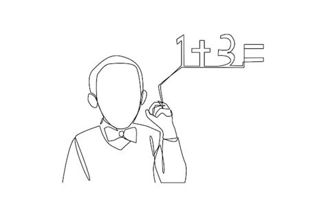 한 줄 그리기 행복한 아이들 소년이 화이트 보드에 합계의 솔루션을 작성합니다 수학은 재미있는 개념입니다 연속 선 그리기 디자인 그래픽 벡터 그림 프리미엄 벡터