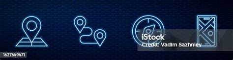 Set Line Compass Folded Map With Location Marker Route And City Navigation Glowing Neon Icon On