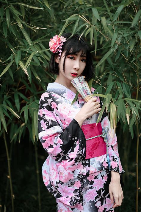 Polyester Asian Ethnic Clothing Pink Kimono Female Sakura Pattern