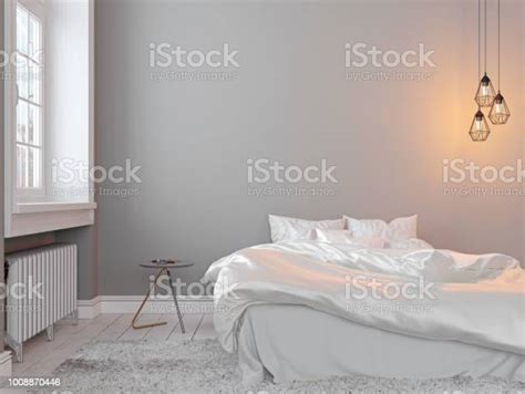 Scandinavin 침대 테이블 램프와 로프트 회색 빈 침실 인테리어 3d 렌더링 그림까지 조롱입니다 로프트 아파트에 대한