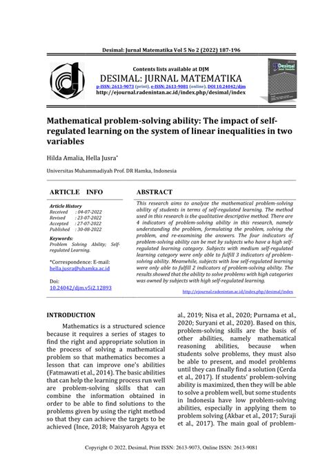 Pdf Mathematical Problem Solving Ability The Impact Of Self Regulated Learning On The System
