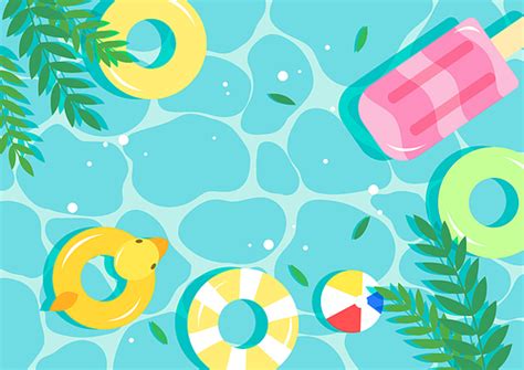 위에서 바라본 풀과 튜브 비치볼이 있는 여름 풀장 물놀이 수영장 배경 일러스트 유토이미지 상세페이지 베이직샵