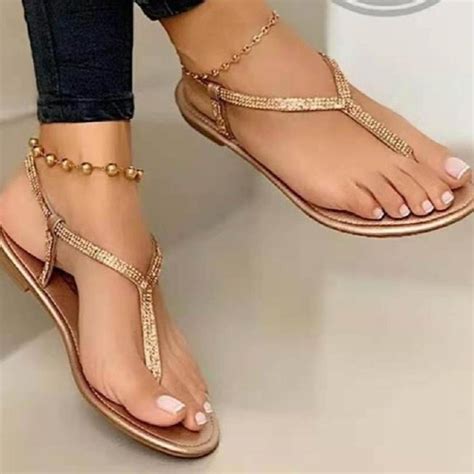 Aurigate Womens T Strap Sandals Fashion Rhinestone Flat Sandal With