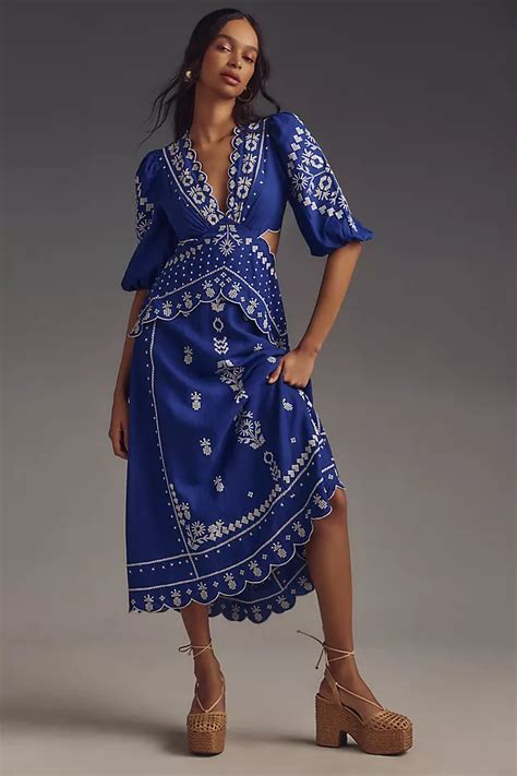 Farm Rio Embroidered Puff Sleeve Cutout Midi Dress Anthropologie