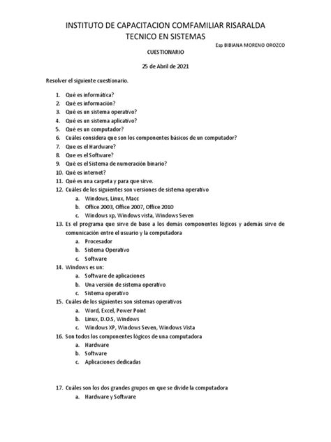Cuestionario Sistemas Operativos Pdf Periférico Hardware De La Computadora