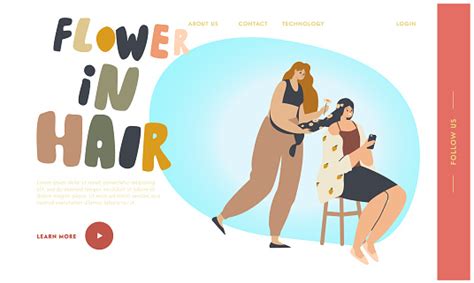 살롱 여성 마스터 는 브레이드 랜딩 페이지 템플릿에서 클라이언트 소녀 머리 직조 꽃을 장식합니다 여자는 헤어 스타일을 만든다 땋은 머리에 대한 스톡 벡터 아트 및 기타
